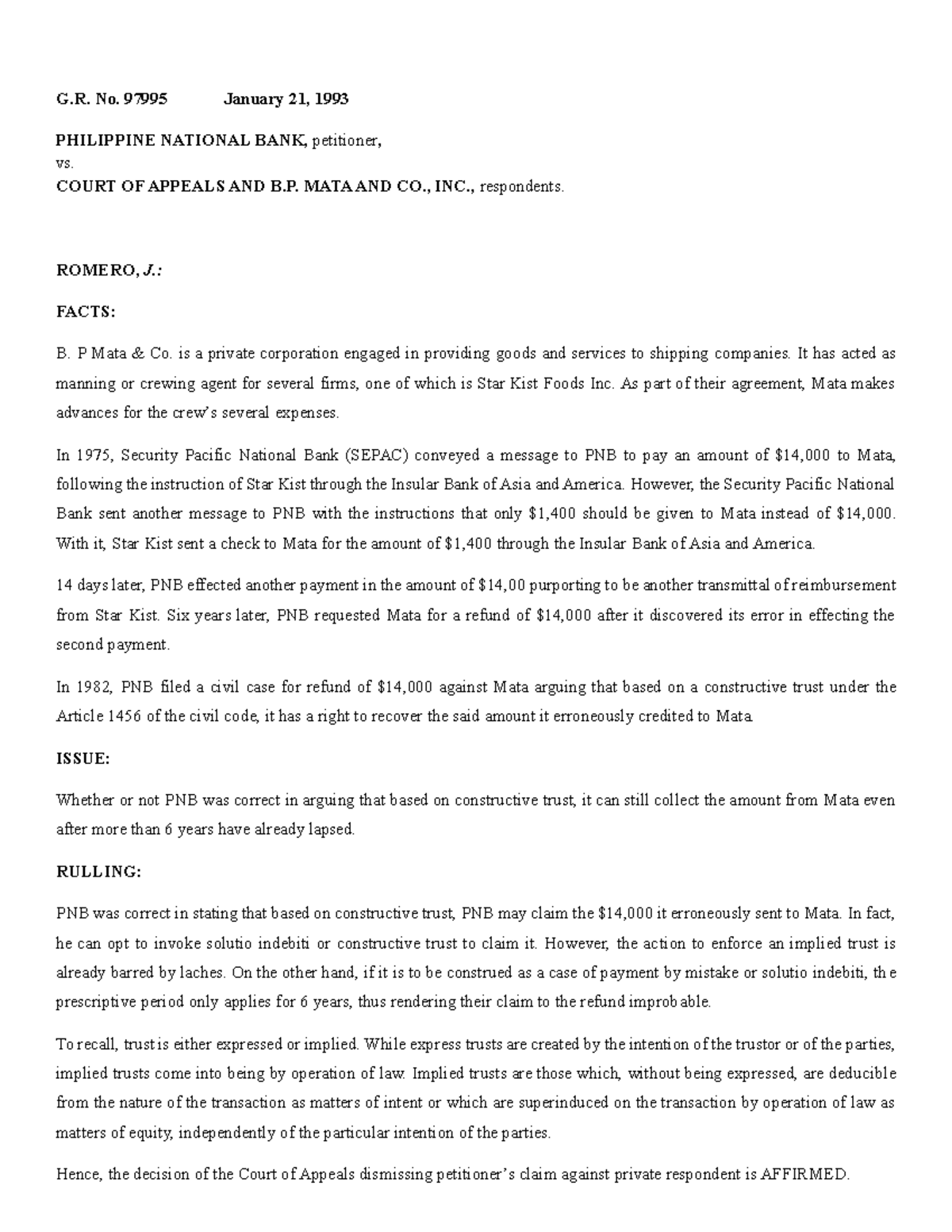LOC Case Digests - case digest - G. No. 97995 January 21, 1993 ...