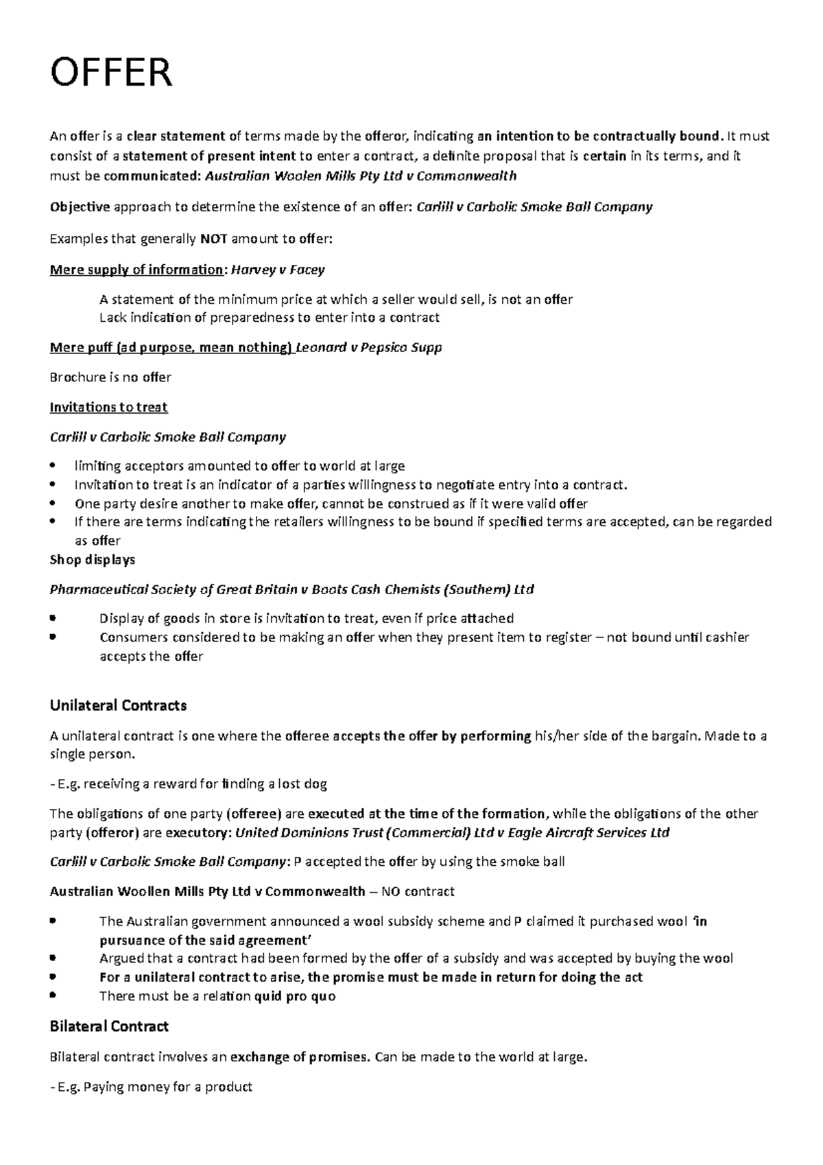 Contract Law Notes - OFFER An offer is a clear statement of terms made ...