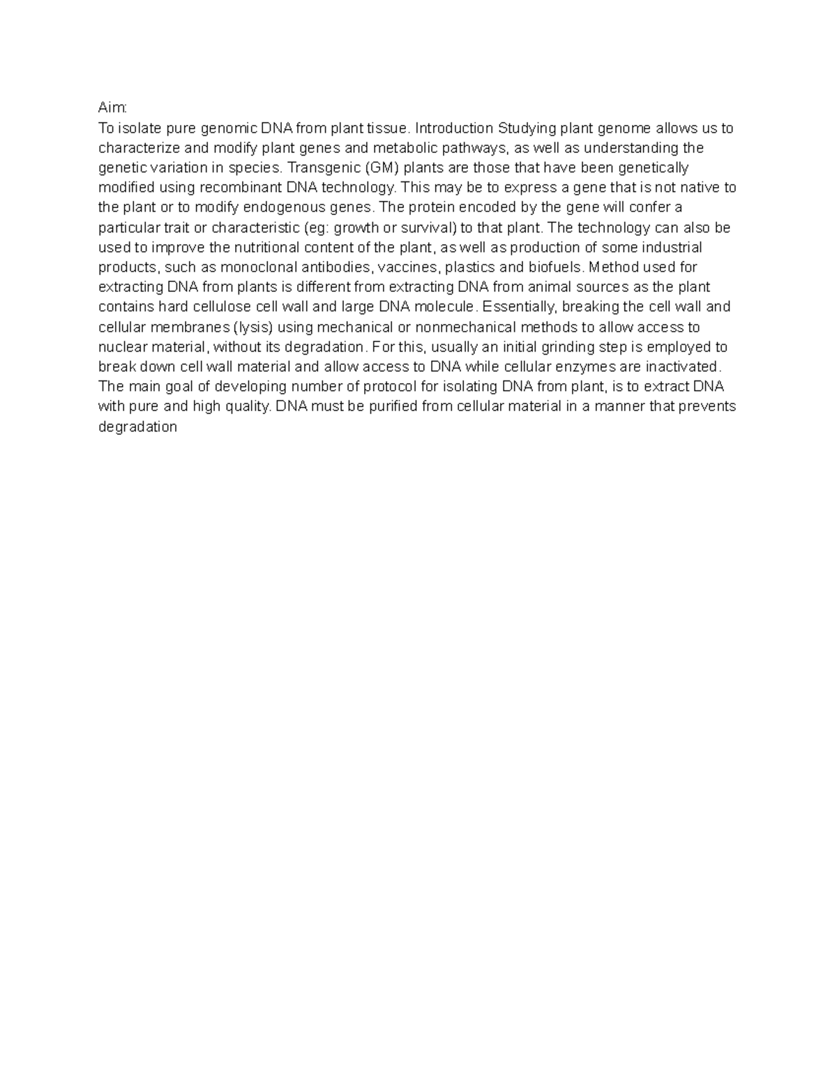 Dna extraction - notes - Aim: To isolate pure genomic DNA from plant ...