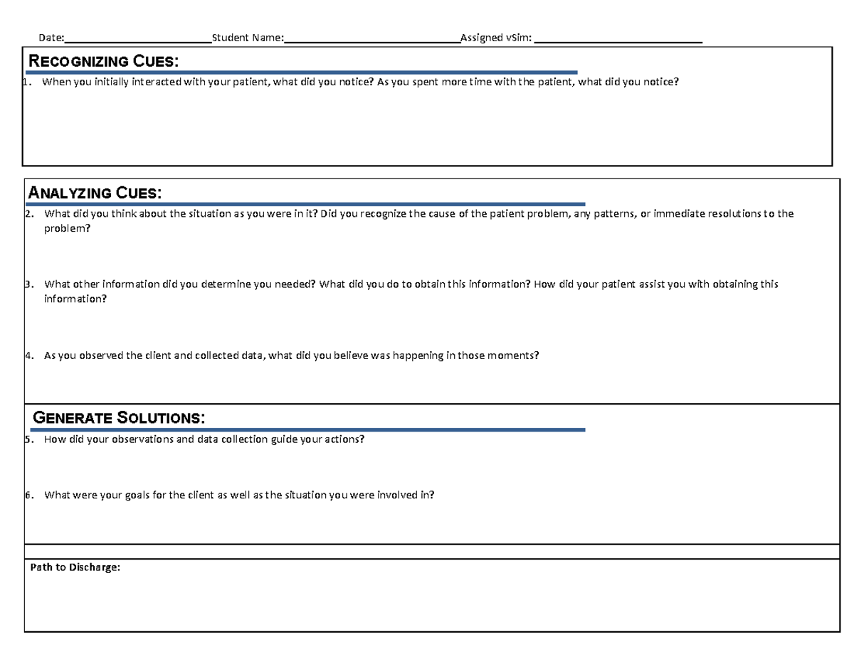 Post Sim Clinical Judgment Worksheet - Date: Student Name: Assigned ...