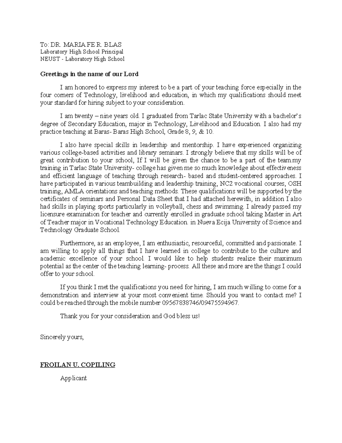 Application Letter IN Neust Labschool - To: DR. MARIA FE R. BLAS ...