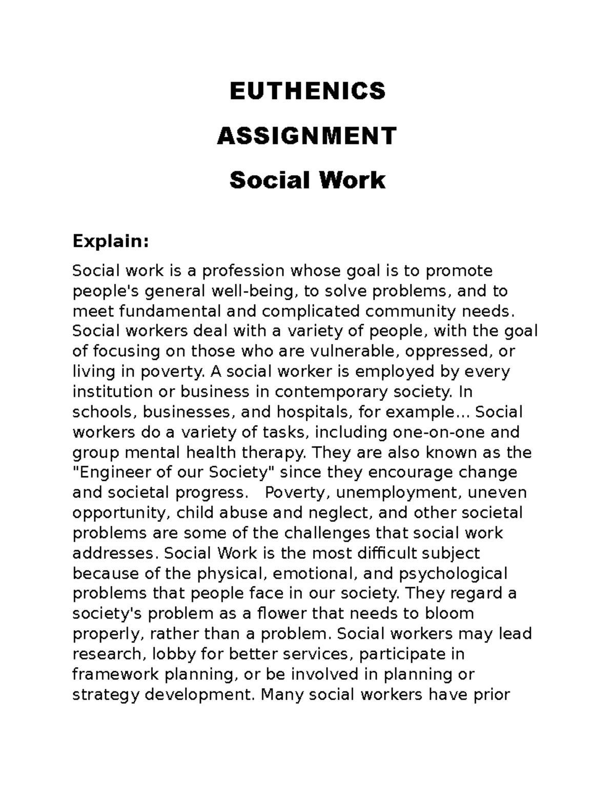 Social work - UNDERSTANDING SELF. - EUTHENICS ASSIGNMENT Social Work ...