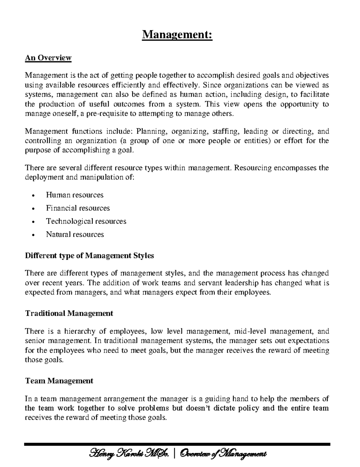 1.0 Overview of Management - Management: An Overview Management is the ...