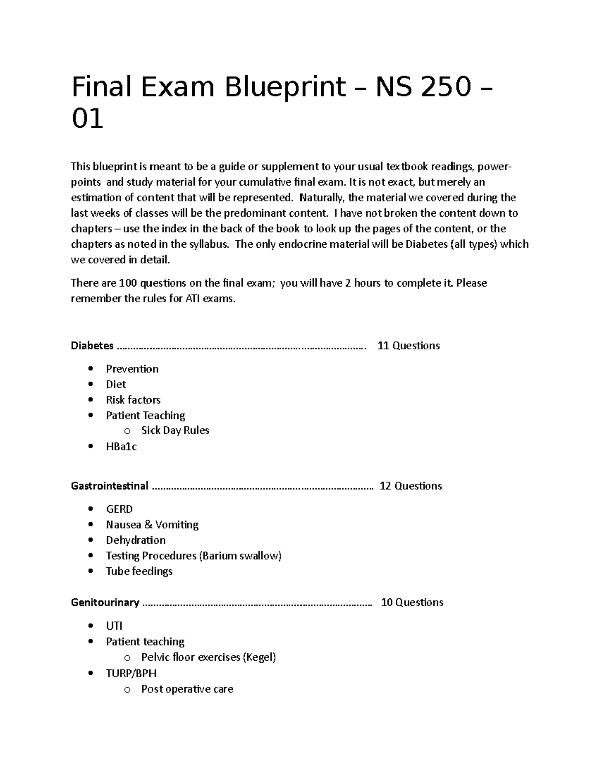 Final Exam Blueprint - outline - Final Exam Blueprint – NS 250 – 01 ...