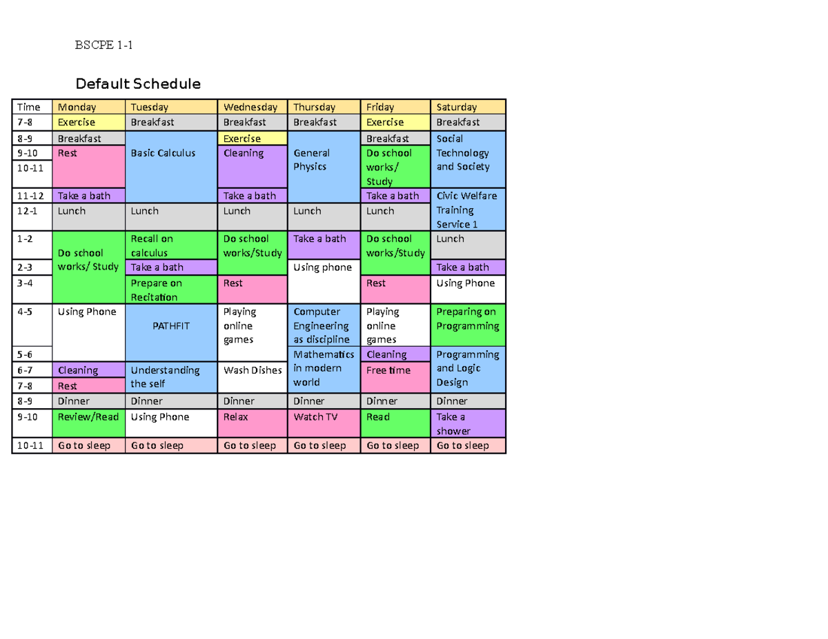Time - Time table - BSCPE 1- Default Schedule Pros: Encourages You to ...
