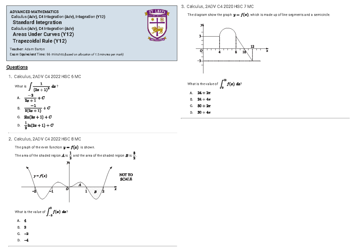 Integration(Std Integration, Area Under Curve & Trapezoidal Rule)-Past HSC Questions - 1 ...