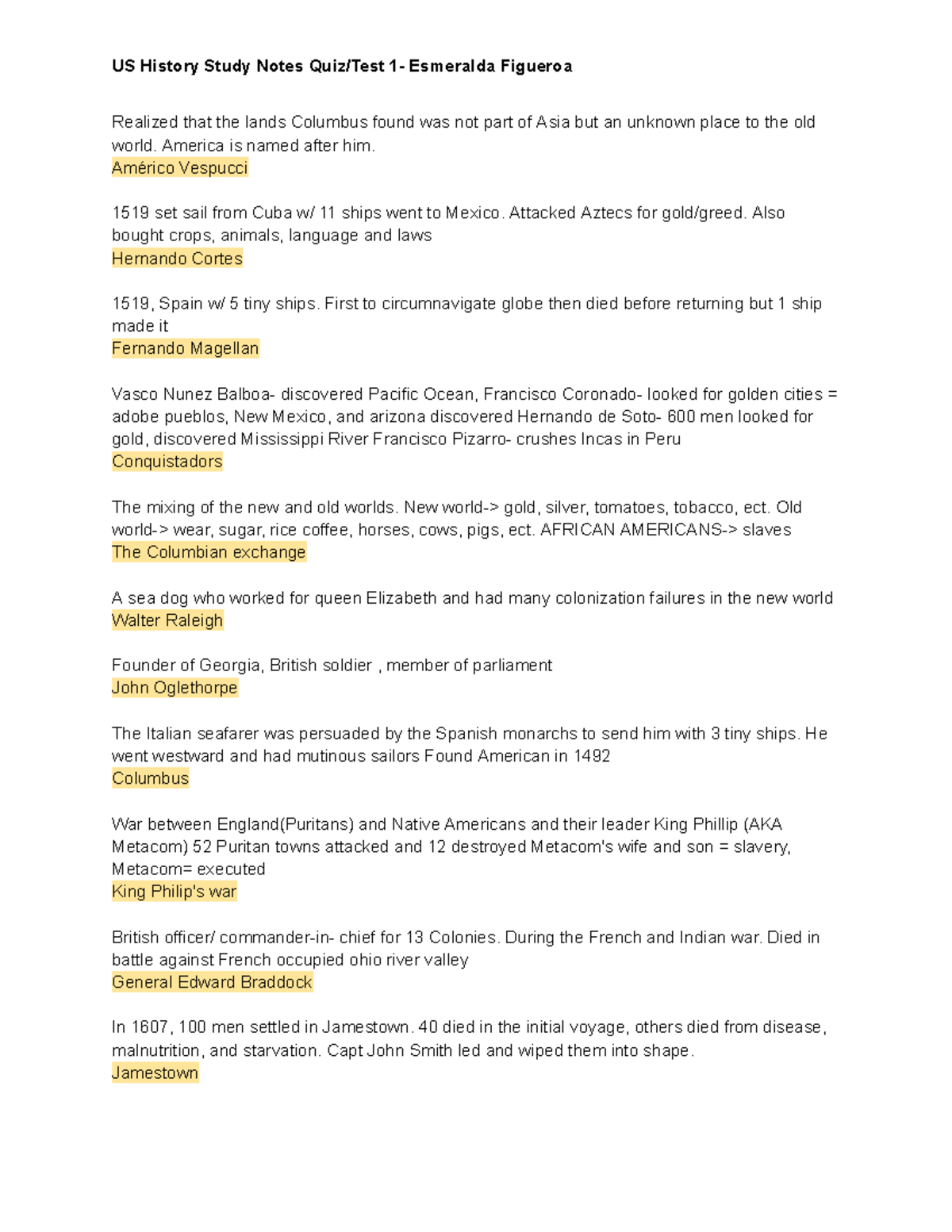 US History Study Notes Quiz Test 1- Esmeralda Figueroa - US History ...