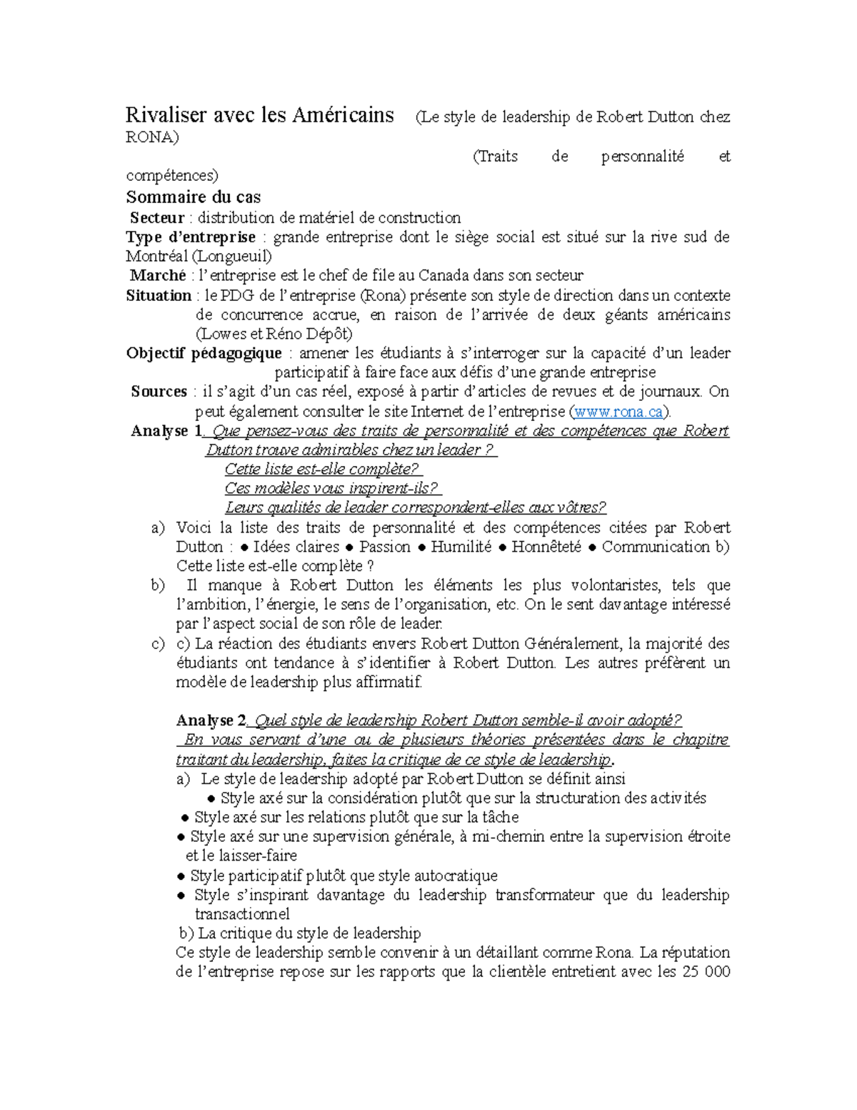 RONA et notes de cours - Étude de cas RONA - Rivaliser avec les ...