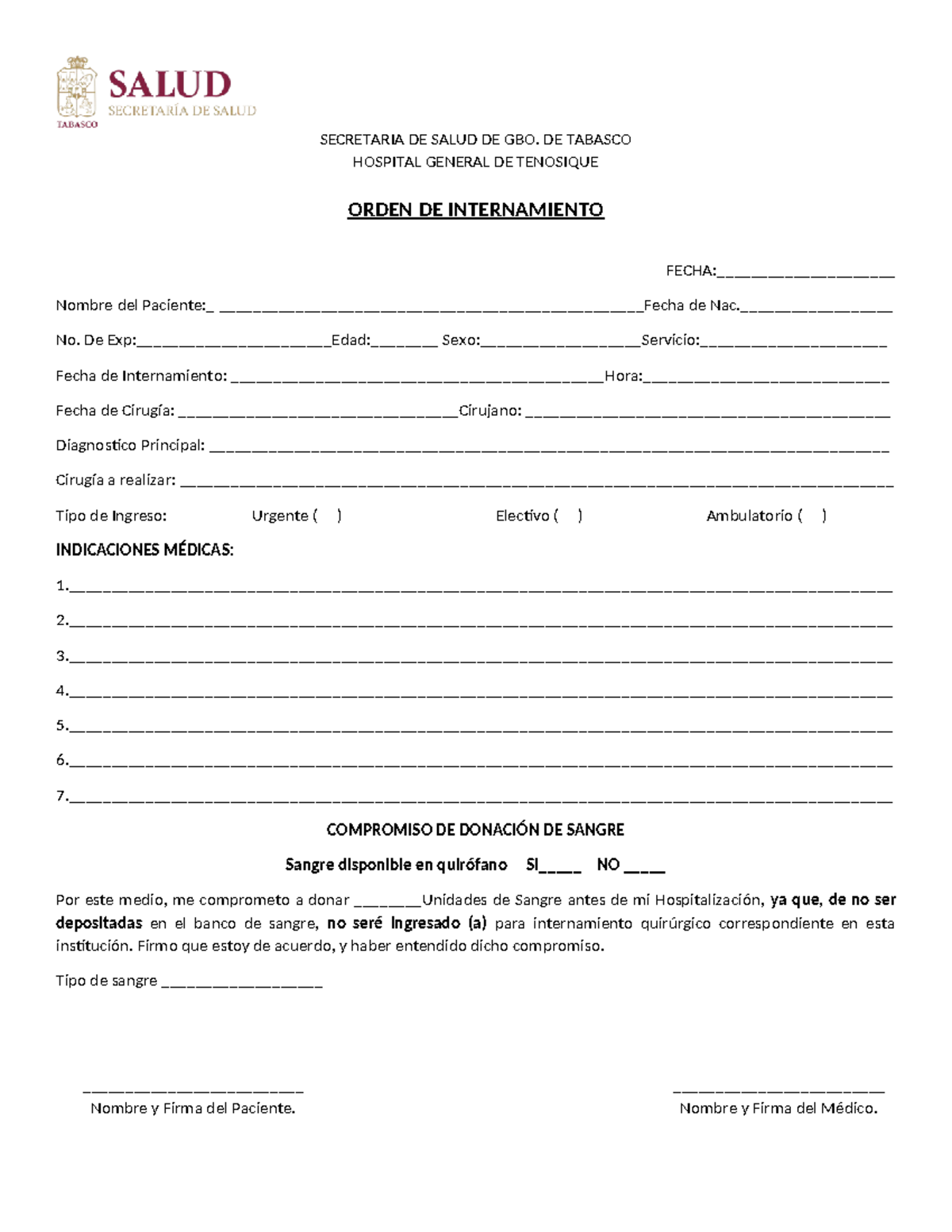 Orden de internamiento HGT - SECRETARIA DE SALUD DE GBO. DE TABASCO ...