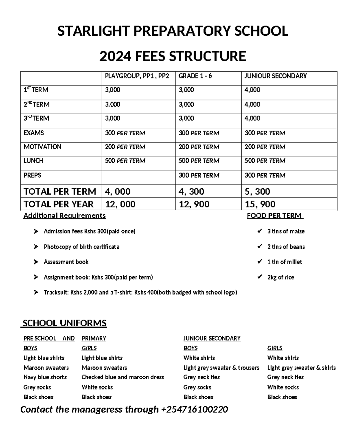 Starlight Preparatory School - STARLIGHT PREPARATORY SCHOOL 2024 FEES STRUCTURE PLAYGROUP, PP1 ...
