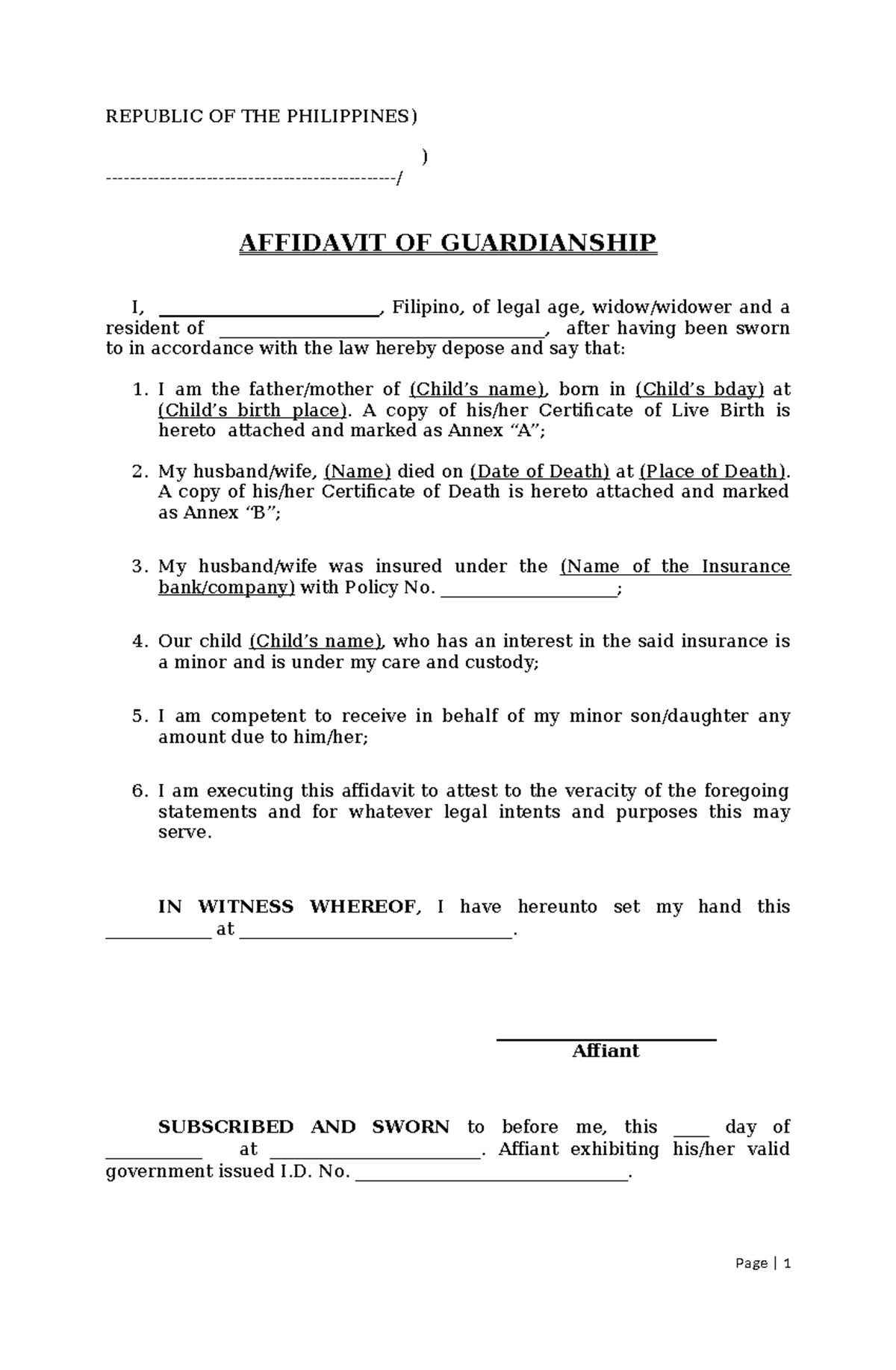 541032699 Affidavit of Guardianship Sample - REPUBLIC OF THE ...