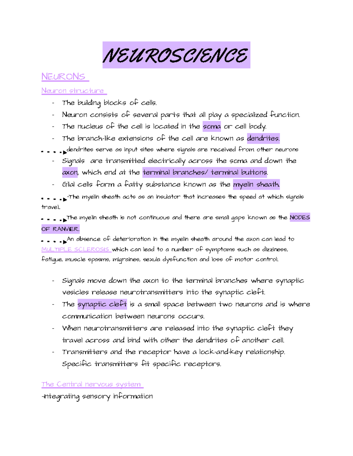 Psychology - Lectur notes - NEUROSCIENCE NEURONS Neuron structure - The ...