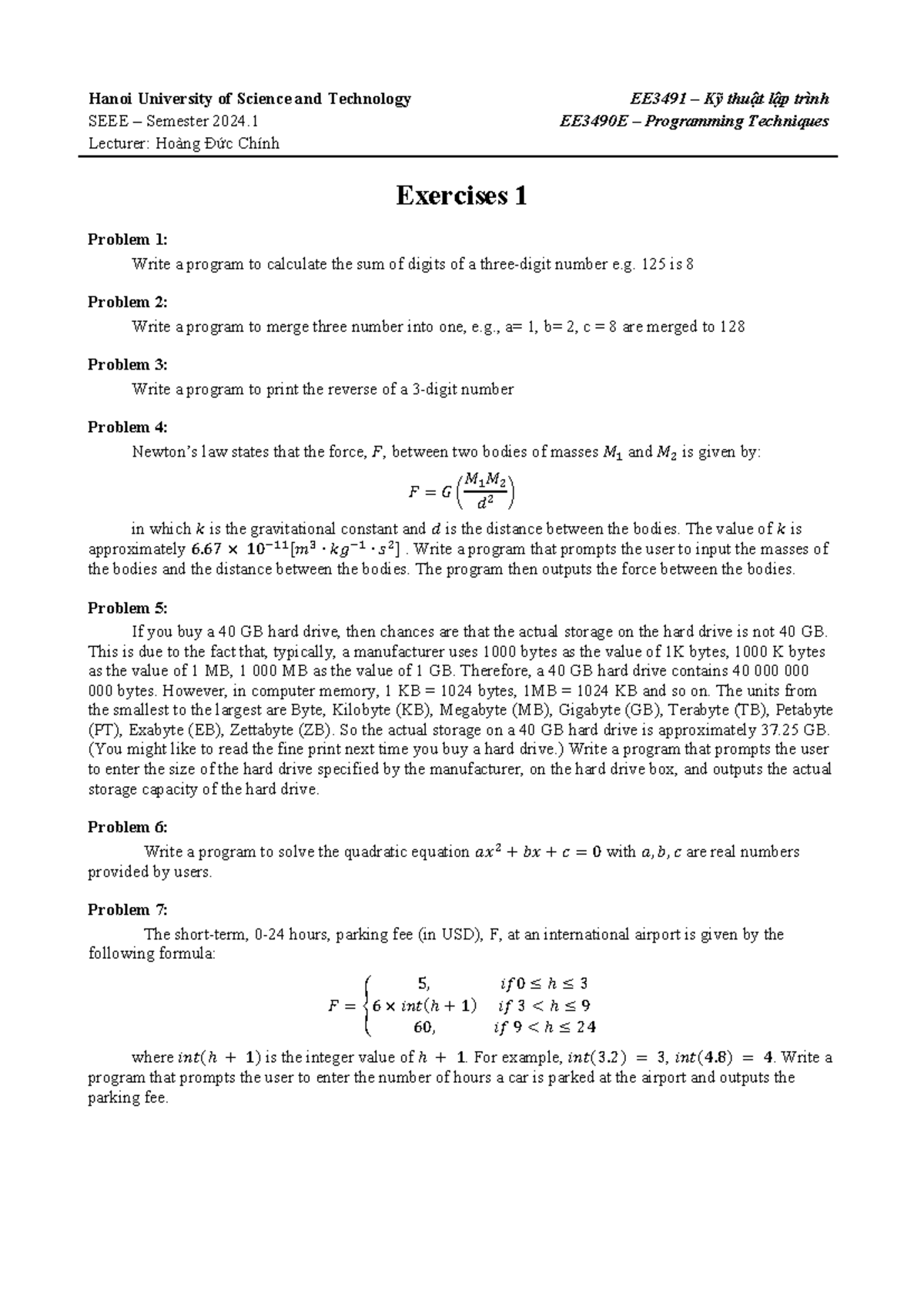 HW01 20241 - nice document - Hanoi University of Science and Technology SEEE – Semester 2024 ...