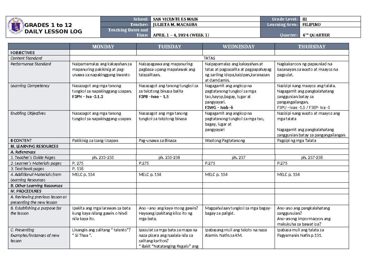DLL Filipino 3 Q4 W1 - adsa - GRADES 1 to 12 DAILY LESSON LOG School ...