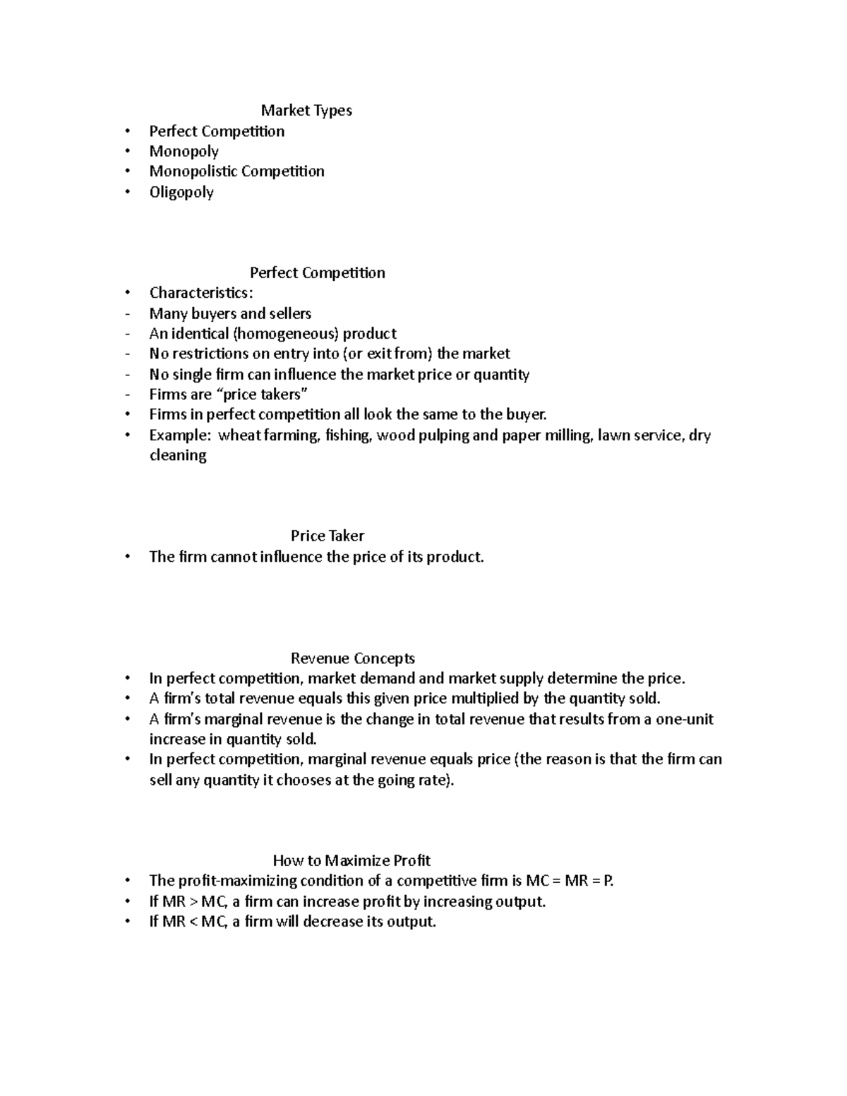 ECON 101 Perfect Competition - Market Types Perfect Competition ...