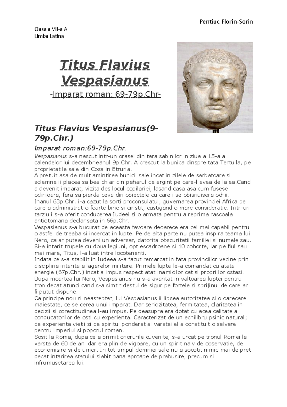 Titus Flavius Vespasianu 1 - Pentiuc Florin-Sorin Clasa a VII-a A Limba ...