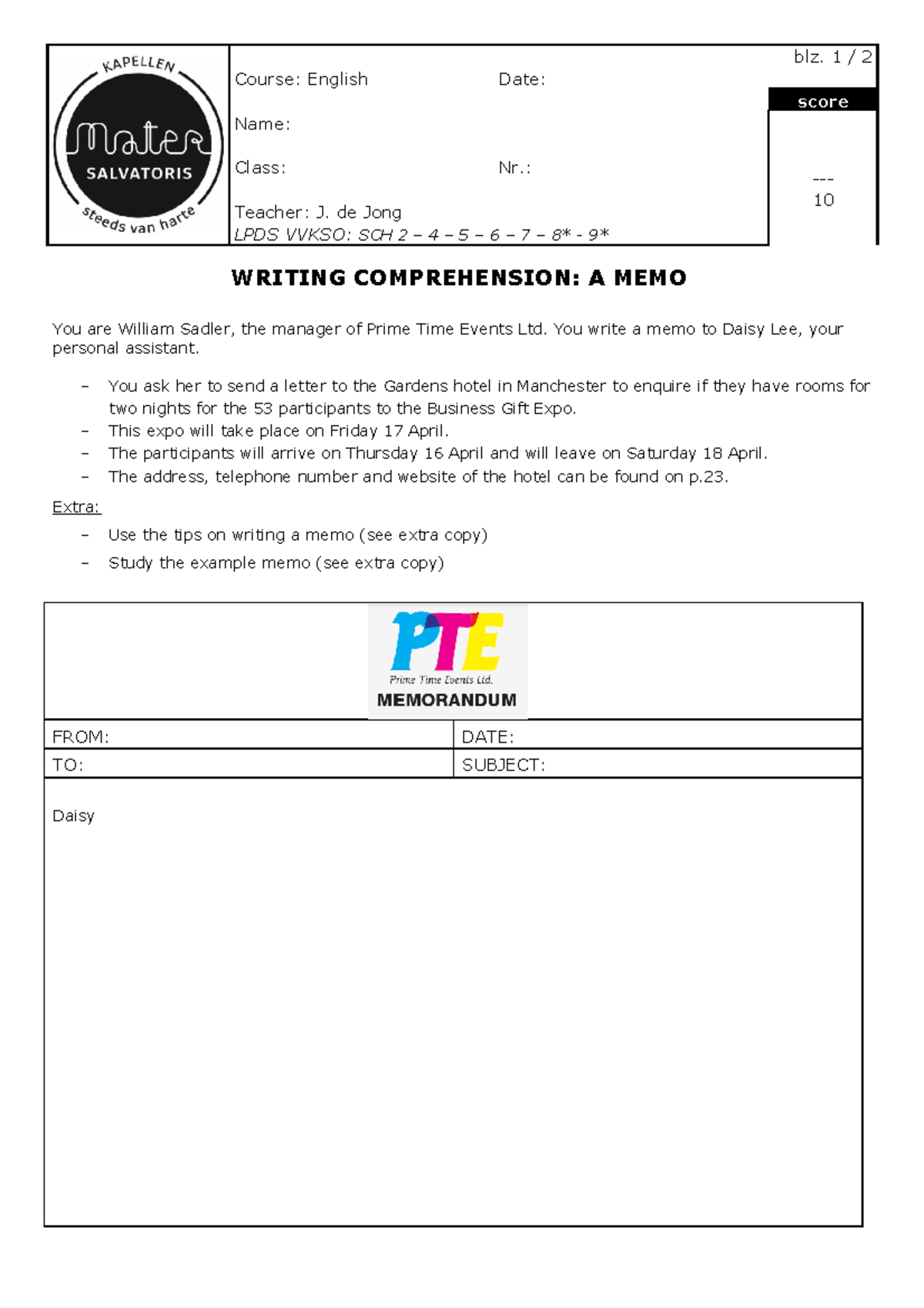 U1 WC Memo 4OI practice materials res - blz. 1 / 2 Course: English Date: score Name: - 10 Class ...