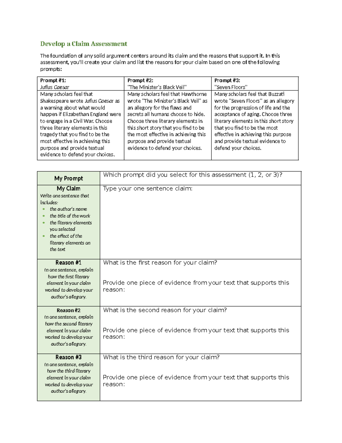 Develop a claim assess rubric - Develop a Claim Assessment The ...