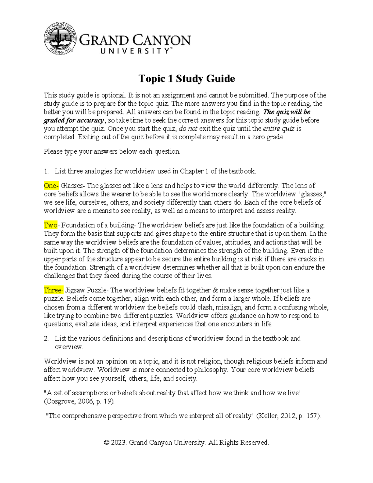 T1- Study Guide - Topic 1 Study Guide This study guide is optional. It ...