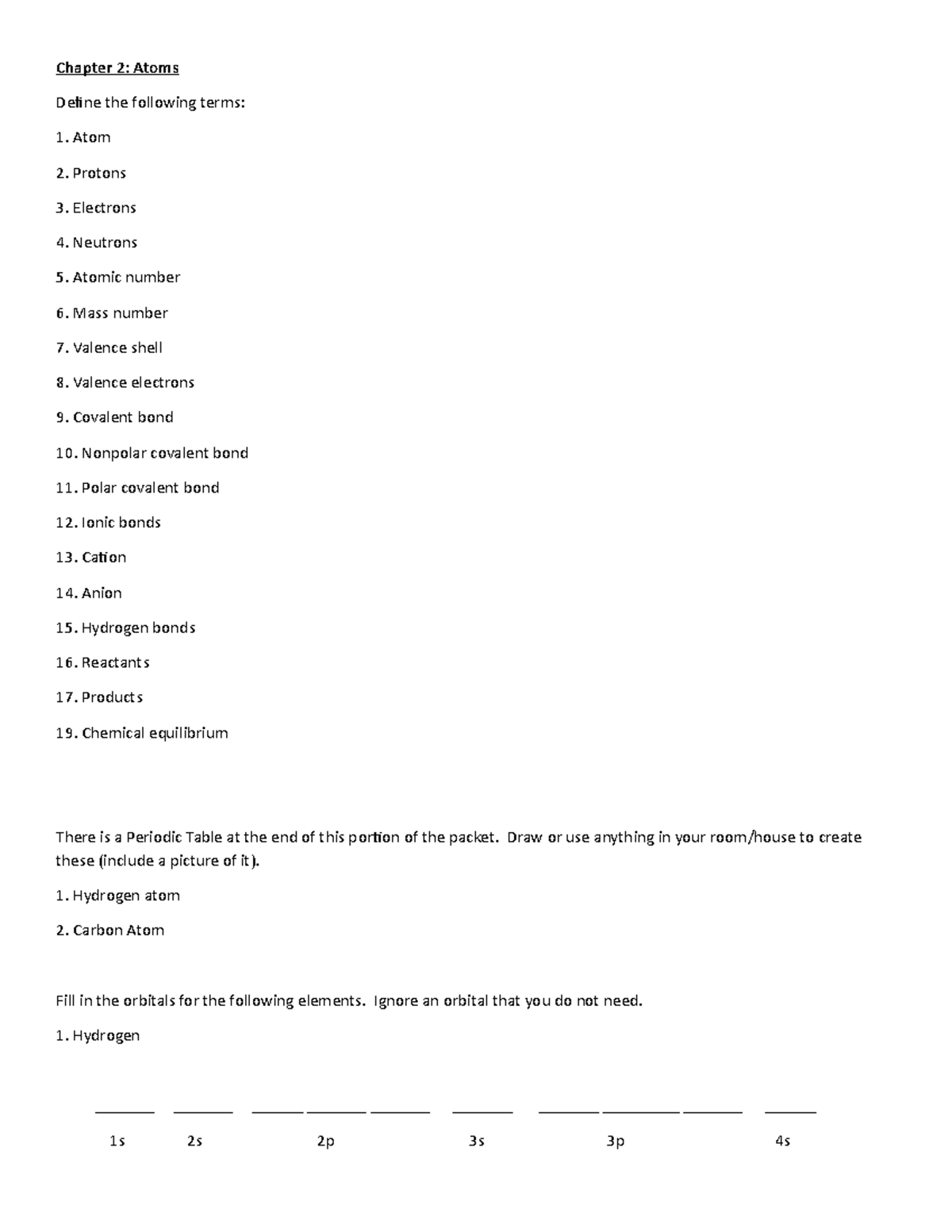 Atoms - notes - Chapter 2: Atoms Define the following terms: Atom ...
