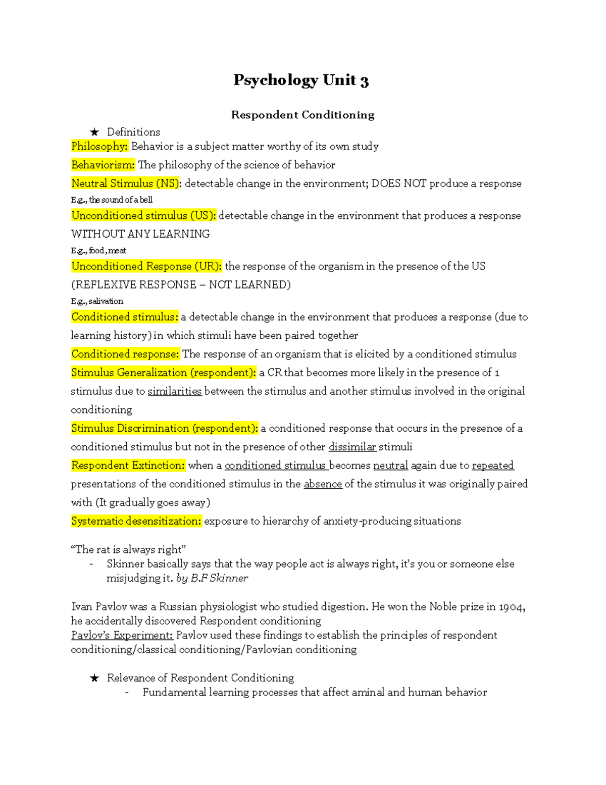 Psychology Unit 3 - Unit study guide - Psychology Unit 3 Respondent ...