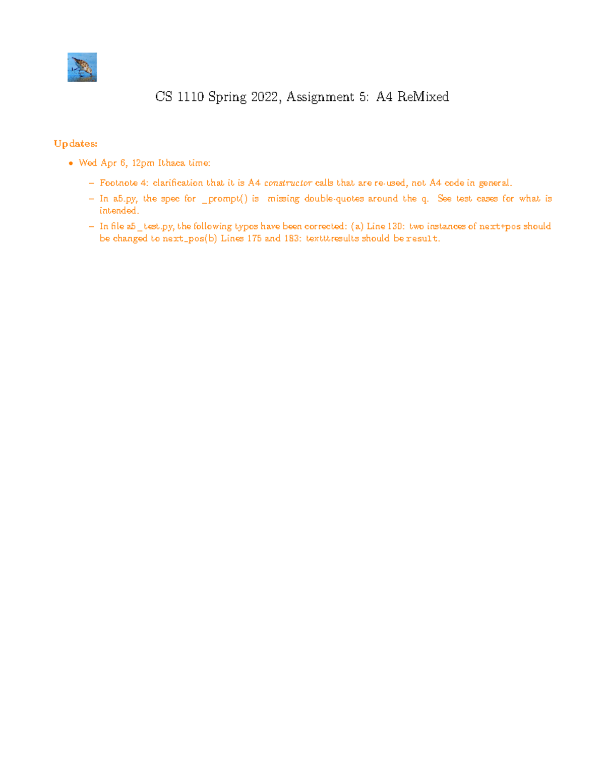 A5 - Homework assignment from CS 1110 taught by Professor Anne Bracy and Professor - CS 1110 ...