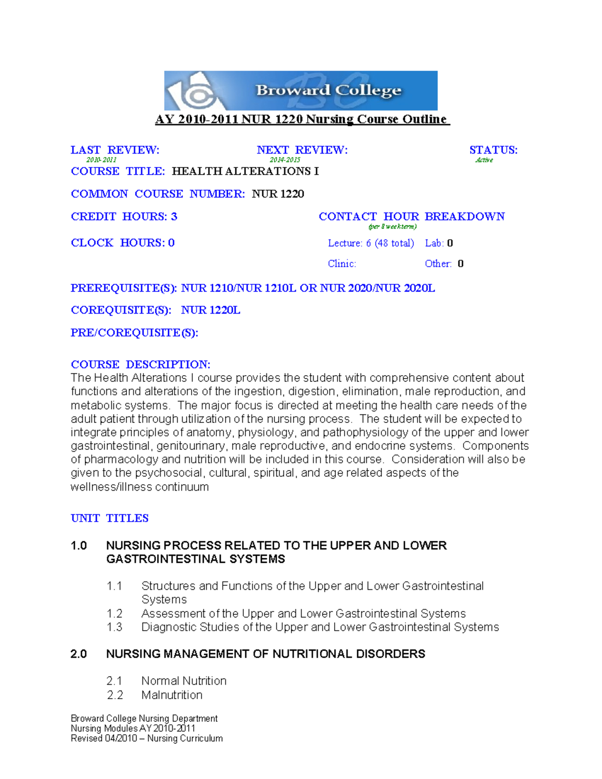 Module - GIGU - NUR1220 AY 2010 11 - AY 2010-2011 NUR 1220 Nursing ...