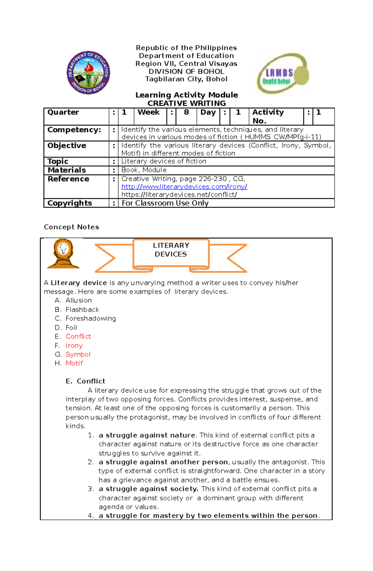 SHS Creativewriting Q1 LAS Wk8Day1 083806 - Republic of the Philippines ...