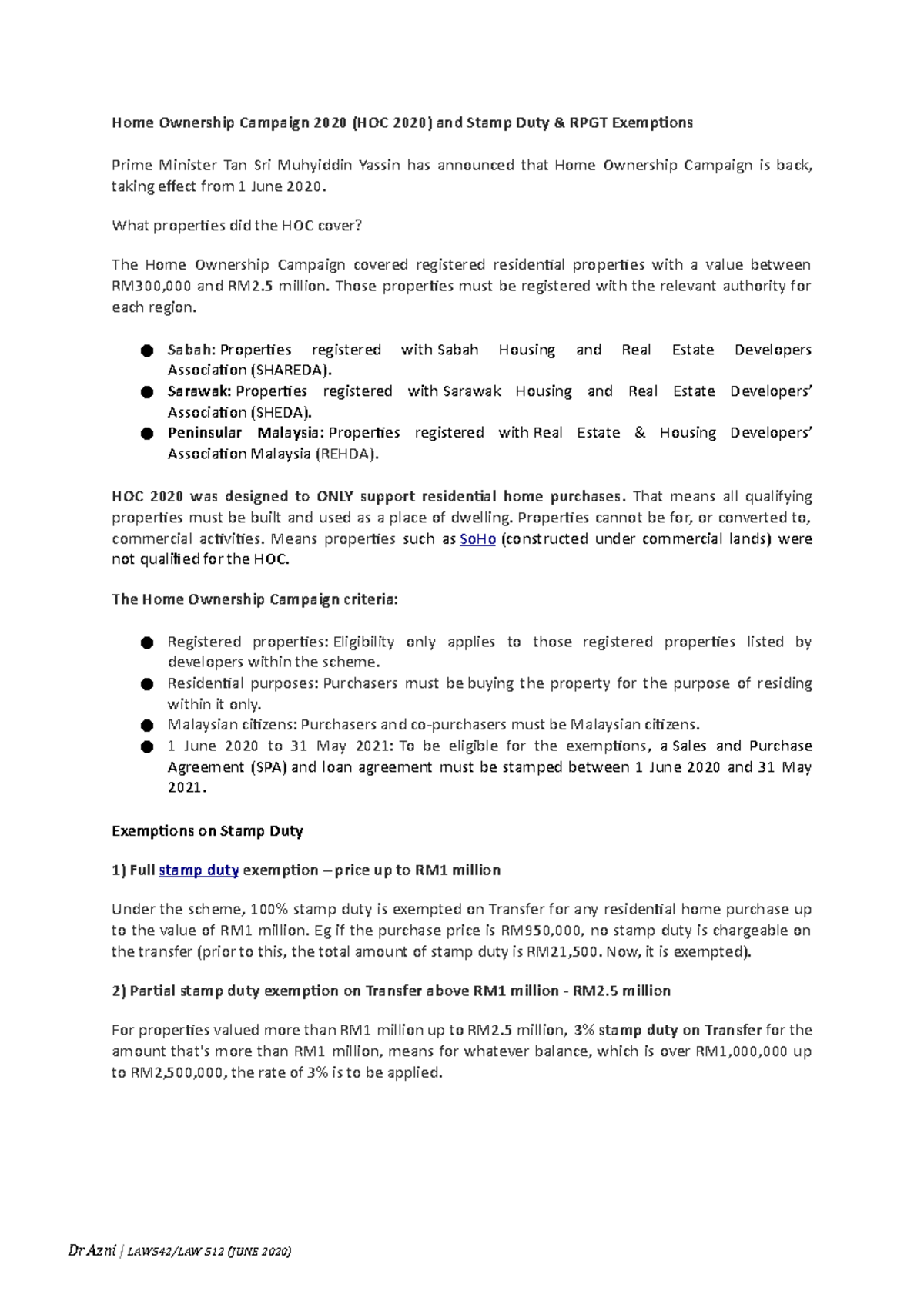 Announcement FOR Stamp DUTY AND RPGT Exemption 2020 - Dr Azni | LAW542 ...