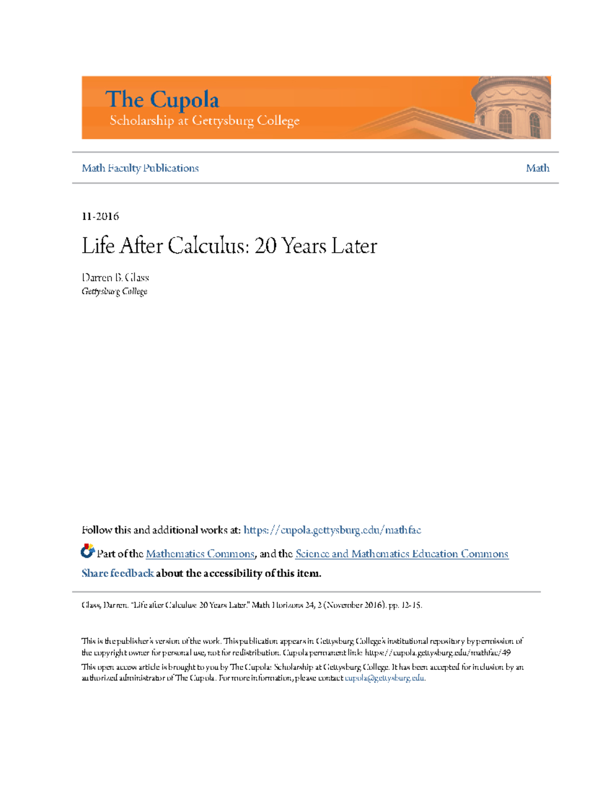Life After Calculus 20 Years Later - Math Faculty Publications Math 11 ...
