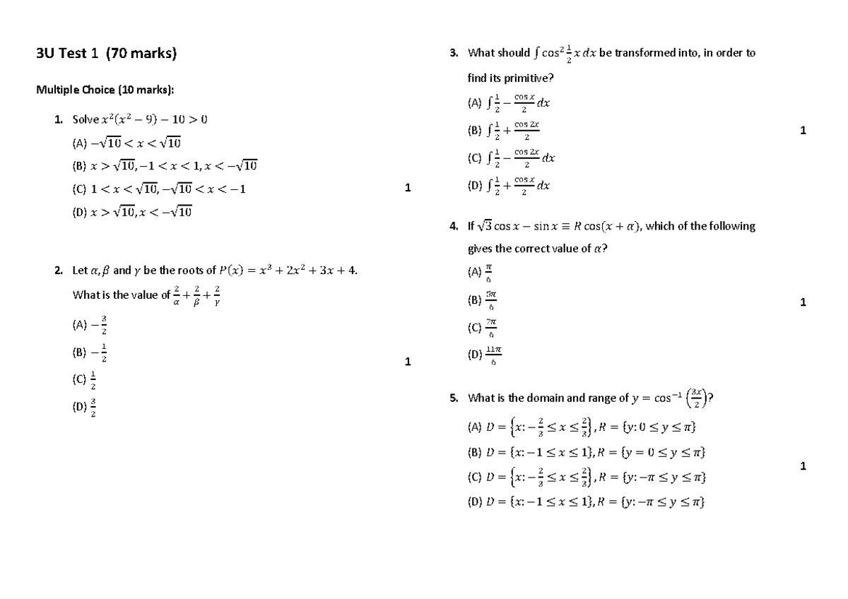 3U Trial Test 1 - 3U Test 1 ( 70 marks) Multiple Choice (10 marks ...