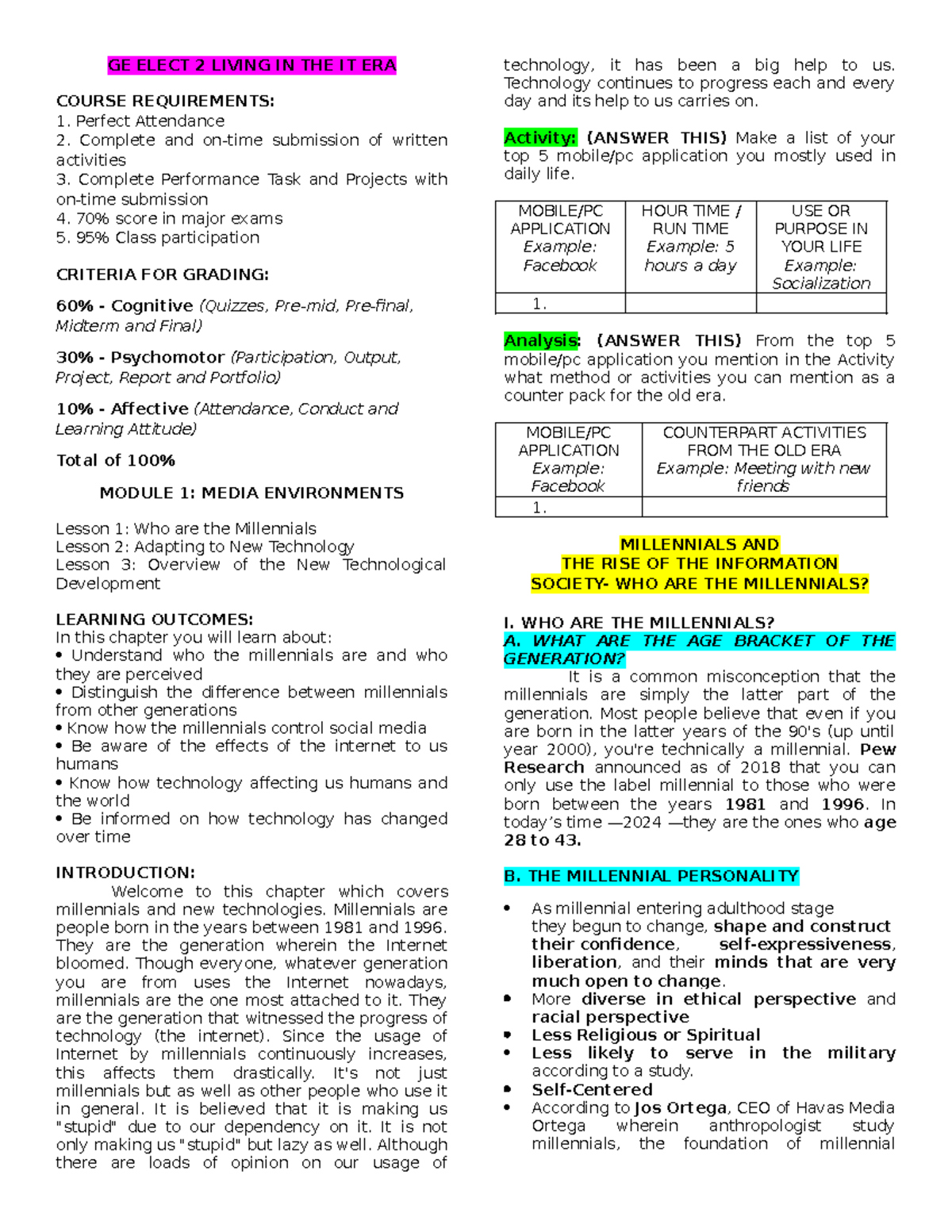 Module 1 - Week 1 and Week 2 - GE ELECT 2 LIVING IN THE IT ERA COURSE REQUIREMENTS: Perfect ...