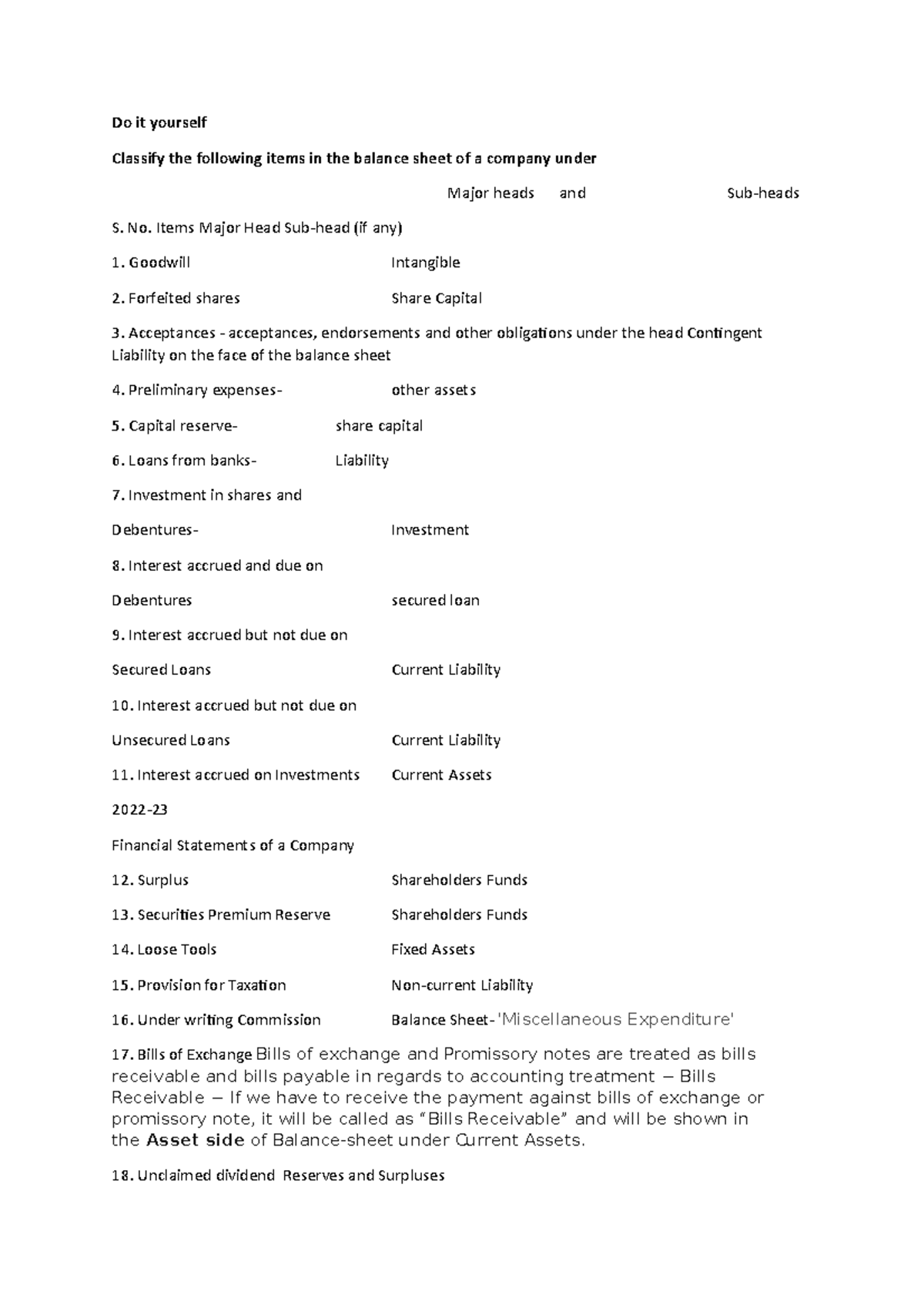 Do it yourself - Questions - Do it yourself Classify the following ...