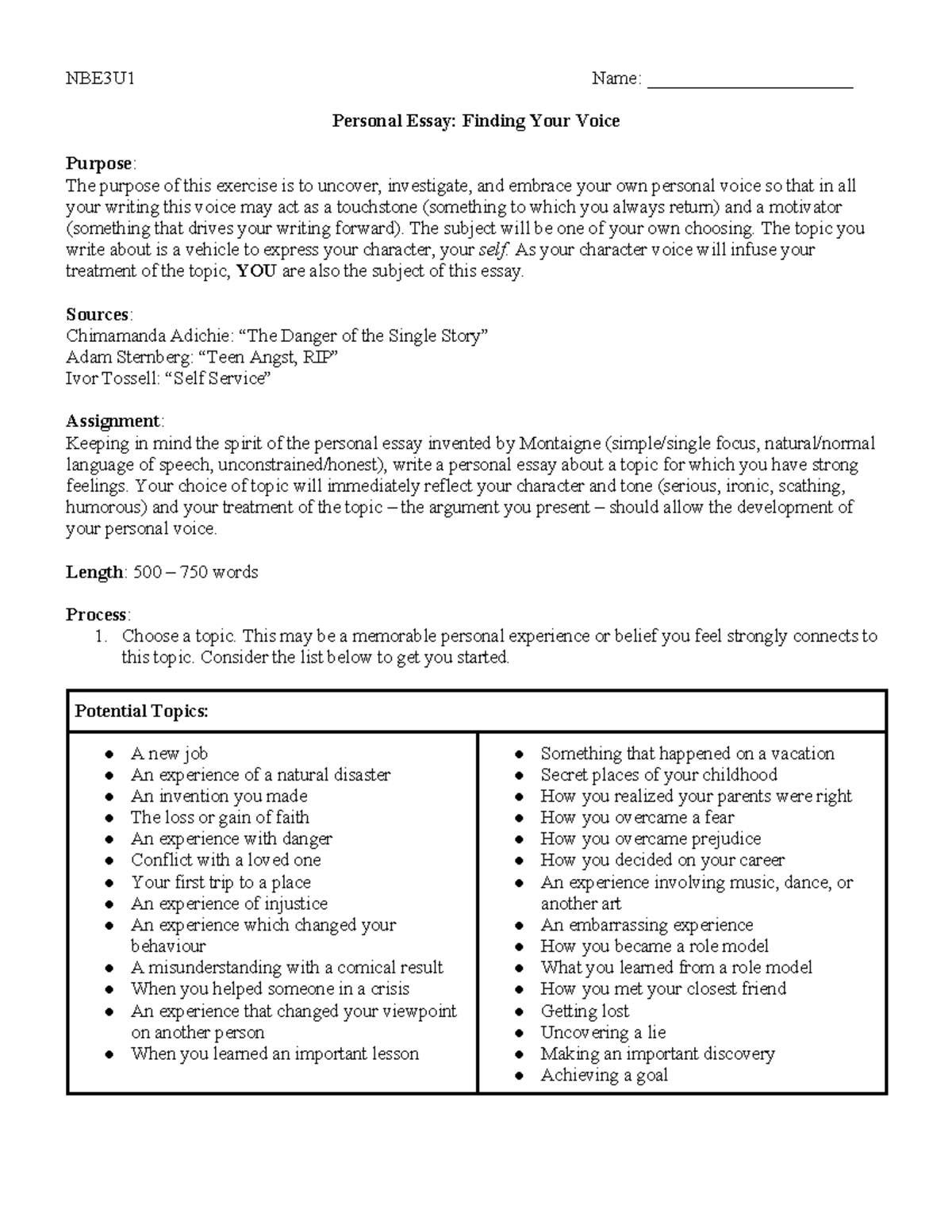 NBE3U Personal Essay Assignment 24 25 - NBE3U1 Name ...