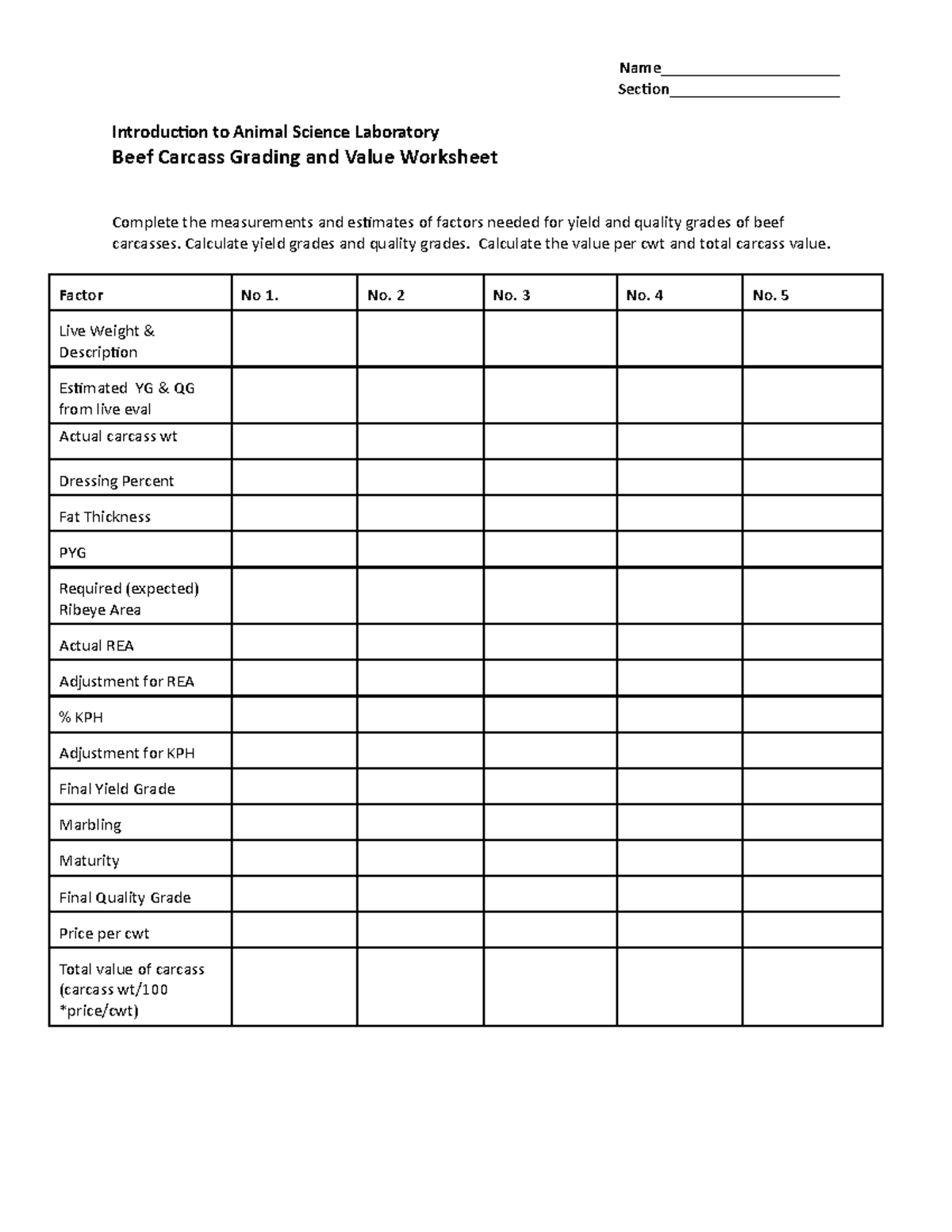 Beef Carcass Grading and Value Worksheet 2021 - Name ...