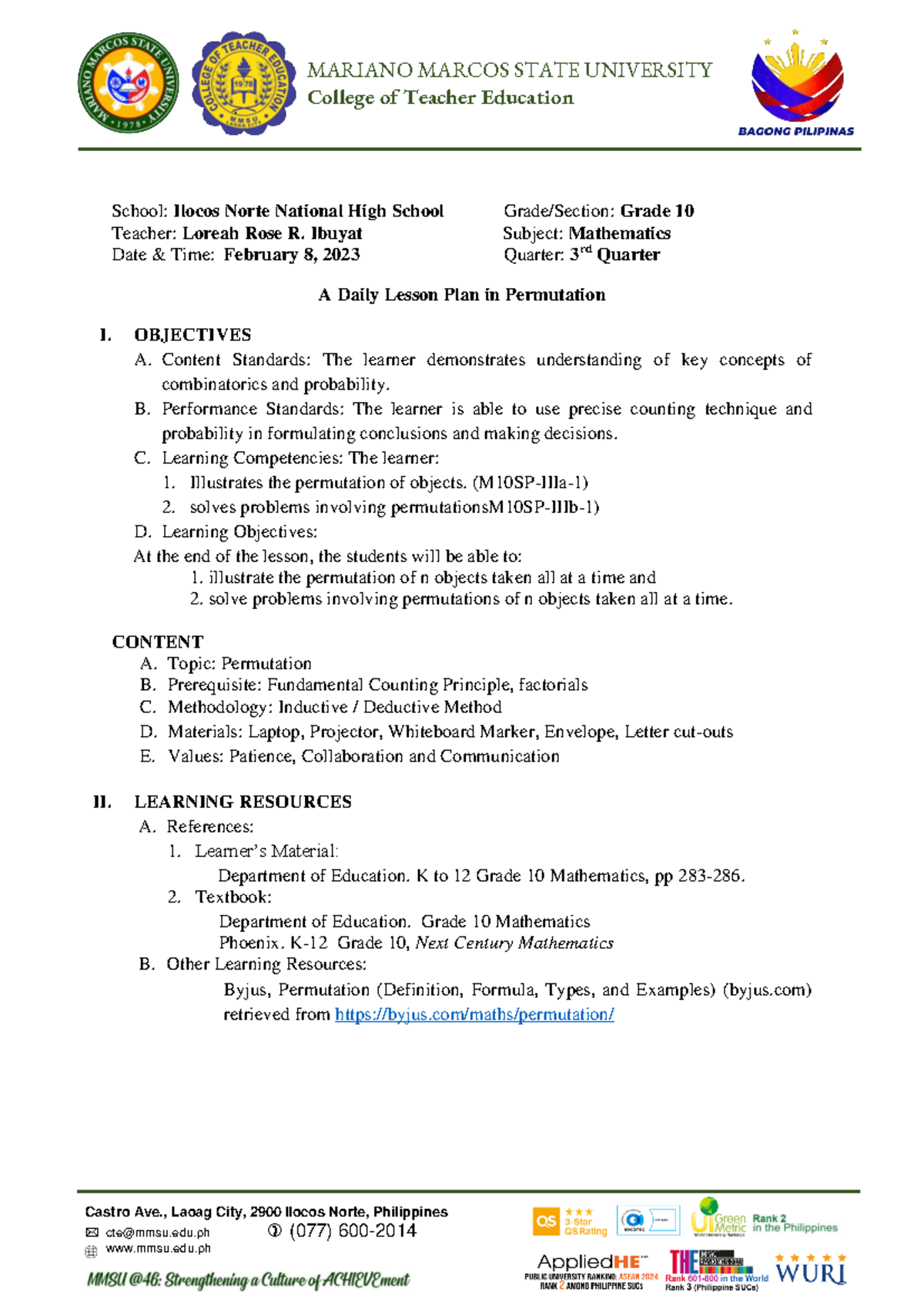 Lesson Plan- Permutation Case 1 - College of Teacher Education Castro ...