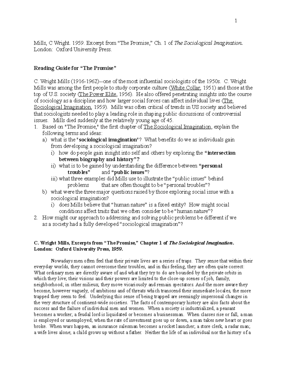 1 Mills and lecture note - Mills, C Wright. 1959. Excerpt from “The ...