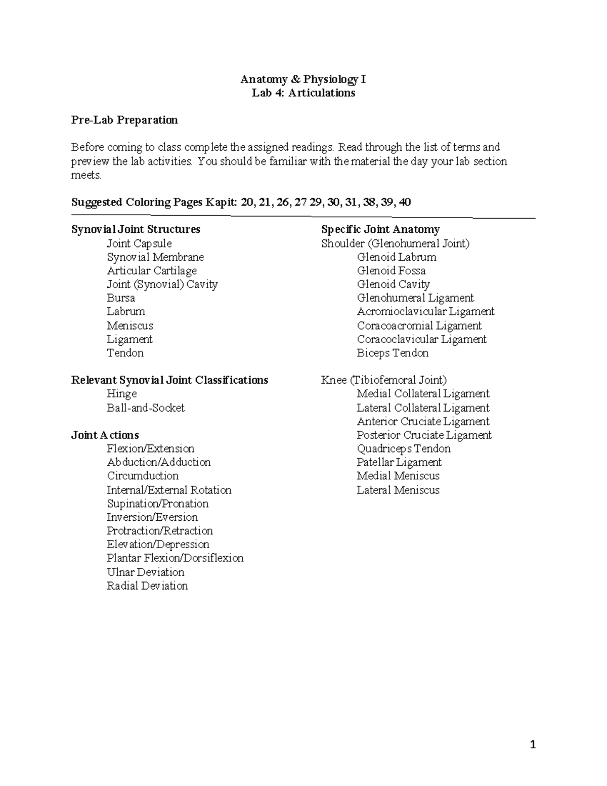 Lab 4 Packet Articulations - Anatomy & Physiology I Lab 4 ...
