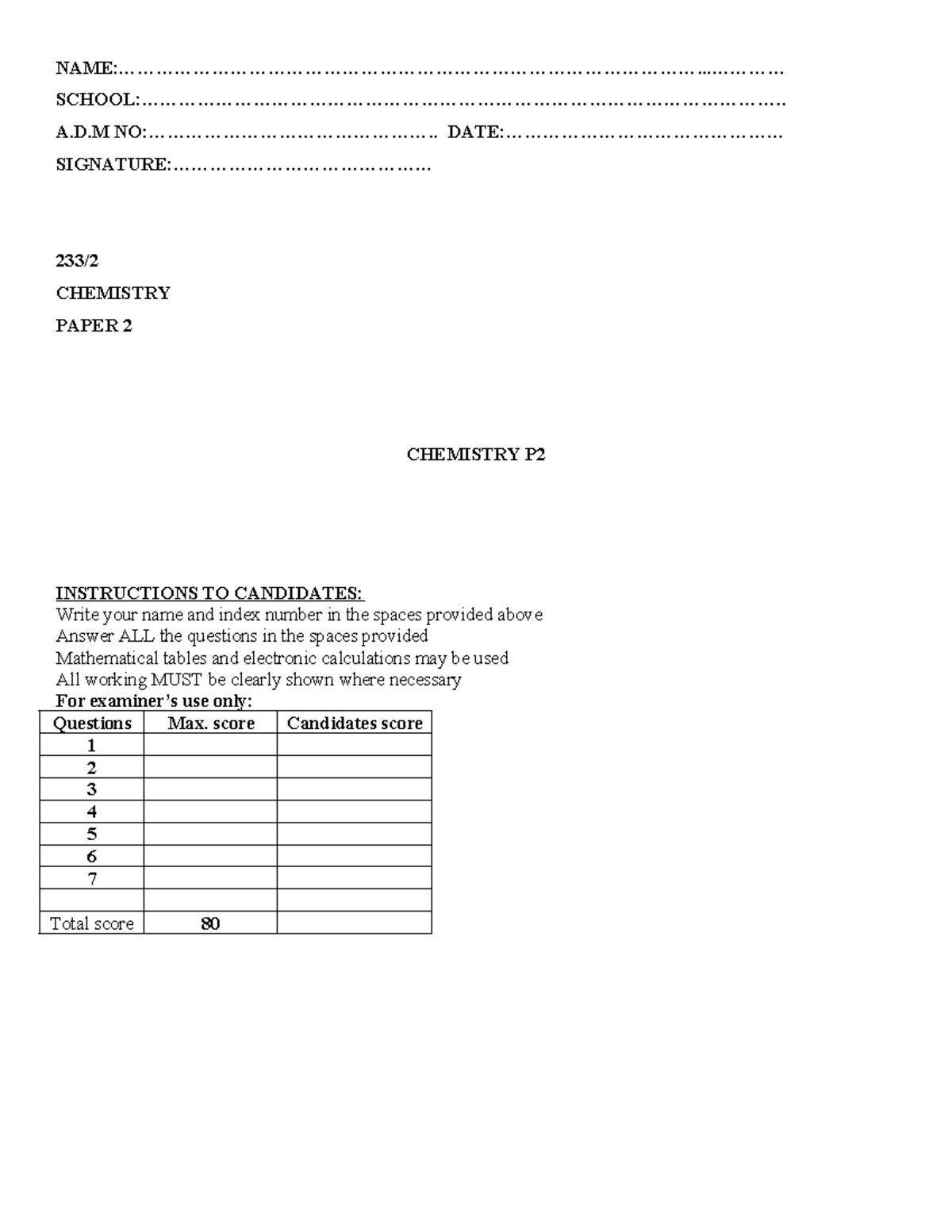 Chemistry P2 FORM 3 2022 END TERM 1 Teacher - - Studocu