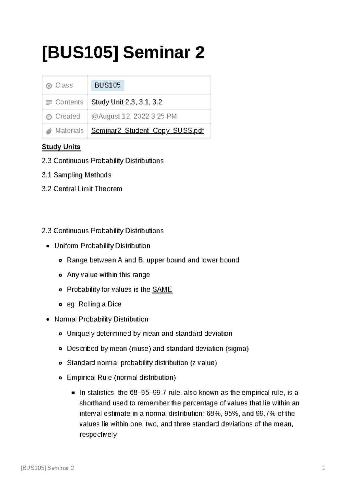 BUS105 Seminar 2 - [BUS105] Seminar 2 Class BUS Contents Study Unit 2, 3, 3. Created Materials ...