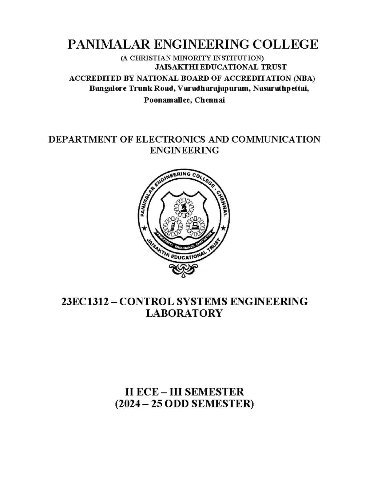 Lab manual - PANIMALAR ENGINEERING COLLEGE (A CHRISTIAN MINORITY ...