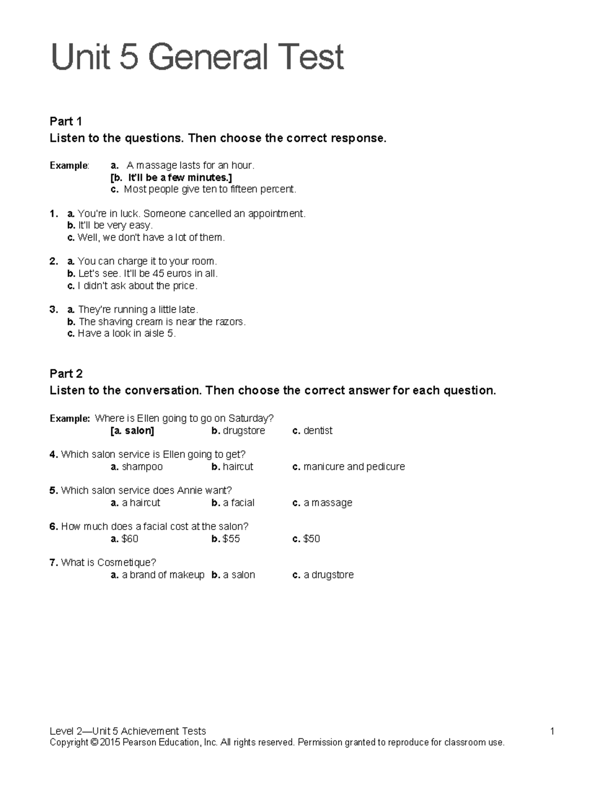 TN2 U5 Assessment - examen - Unit 5 General Test Part 1 Listen to the ...