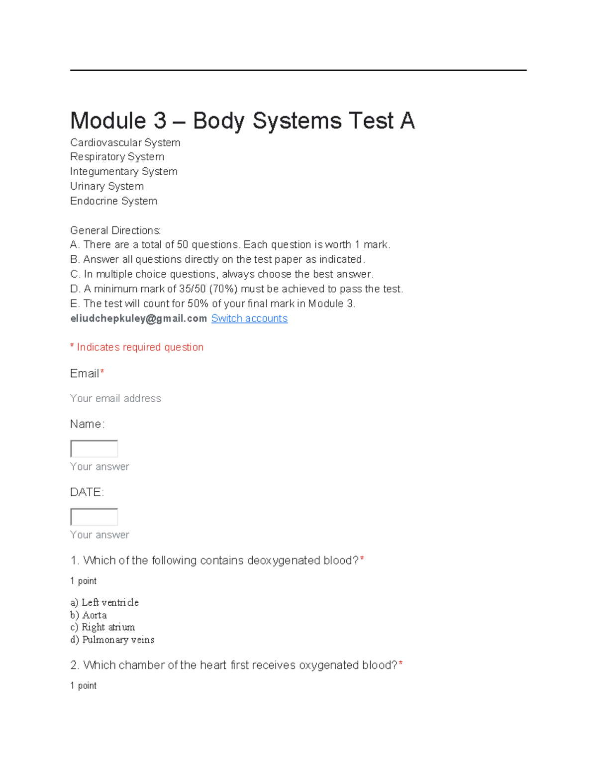 Module 3 A Exam - Module 3 – Body Systems Test A Cardiovascular System ...