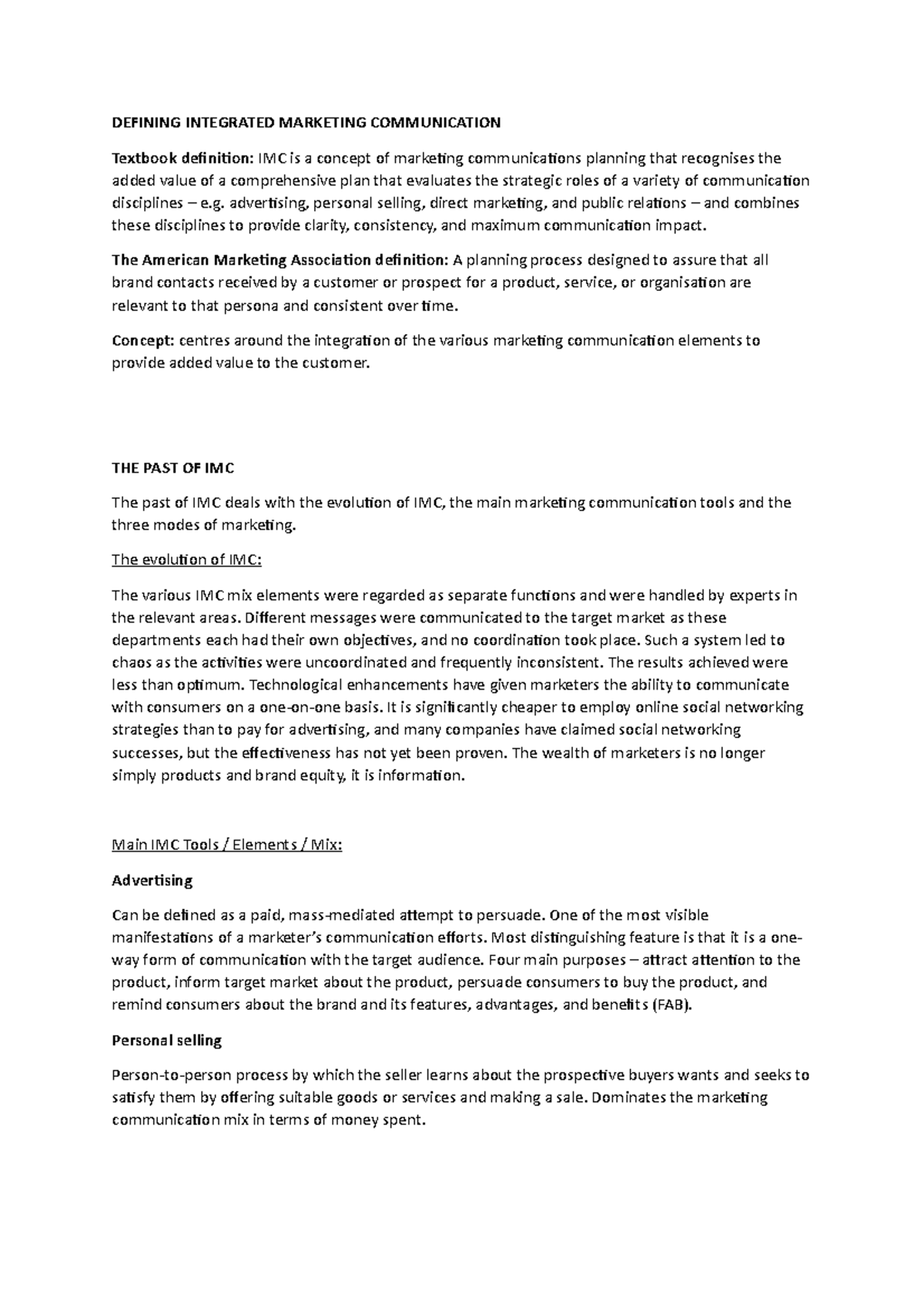 Notes - DEFINING INTEGRATED MARKETING COMMUNICATION Textbook definition ...