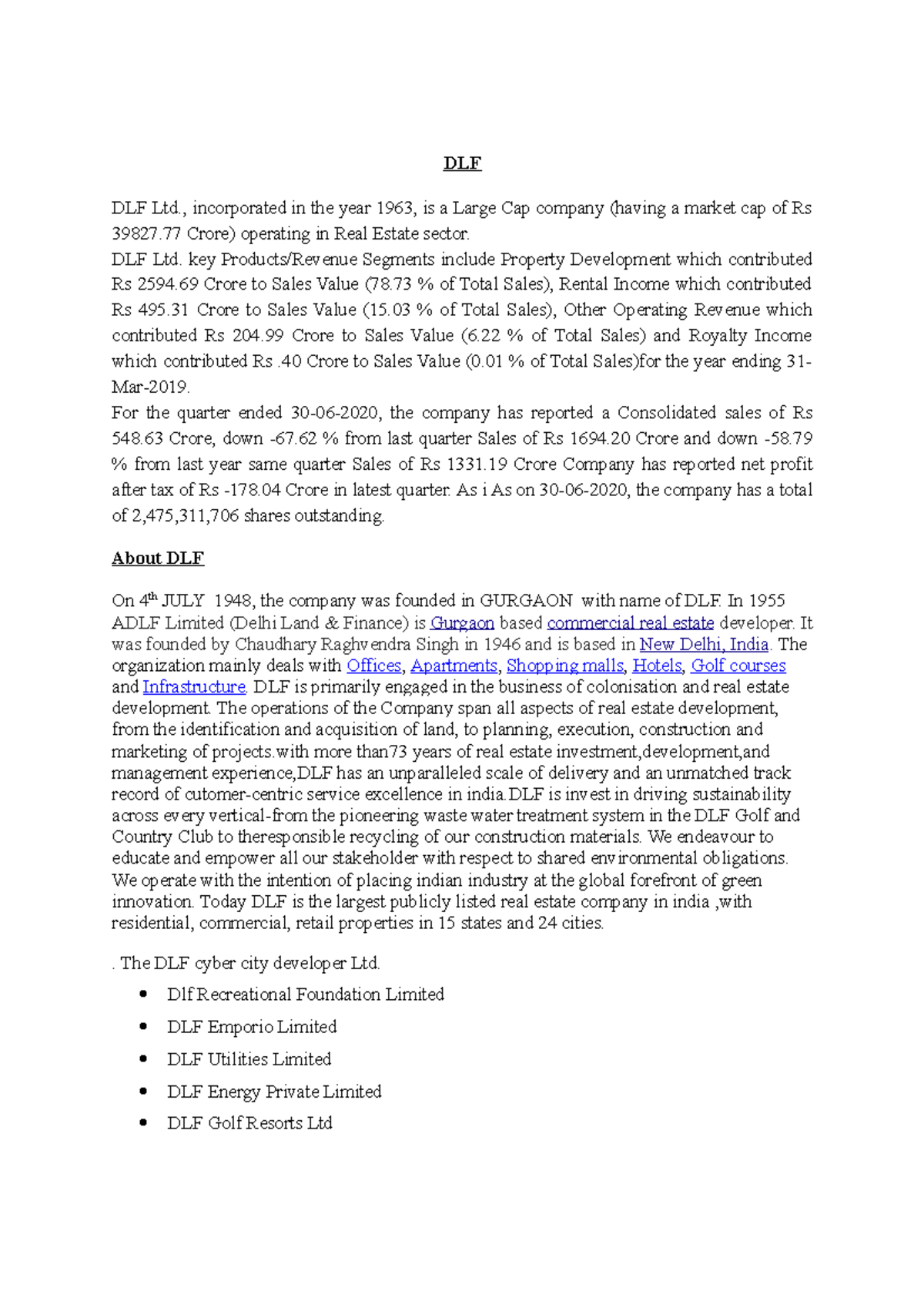 DLF - study about derivatives - DLF DLF Ltd., incorporated in the year ...