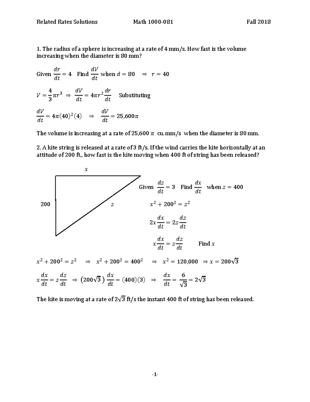 Related Rates Solutions - Related Rates Solutions Math 1000-081 Fall ...