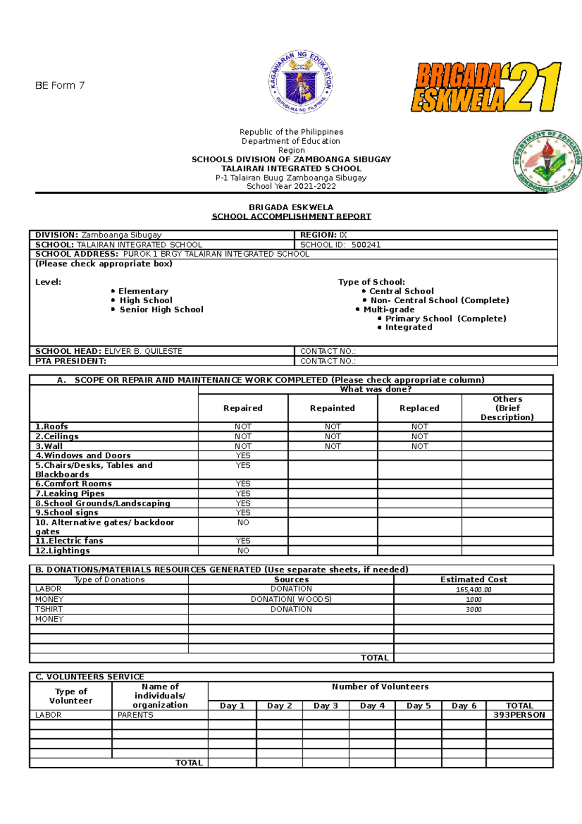 Accomplishement - BE Form 7 Republic of the Philippines Department of ...