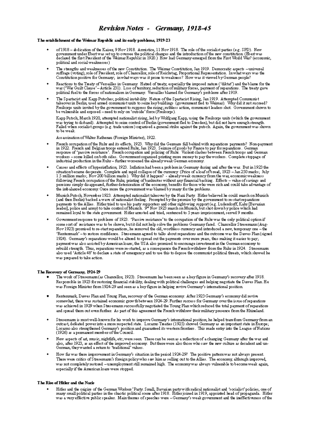 Revision Notes - Germany^J 1918-45 - Revision Notes - Germany, 1918 ...