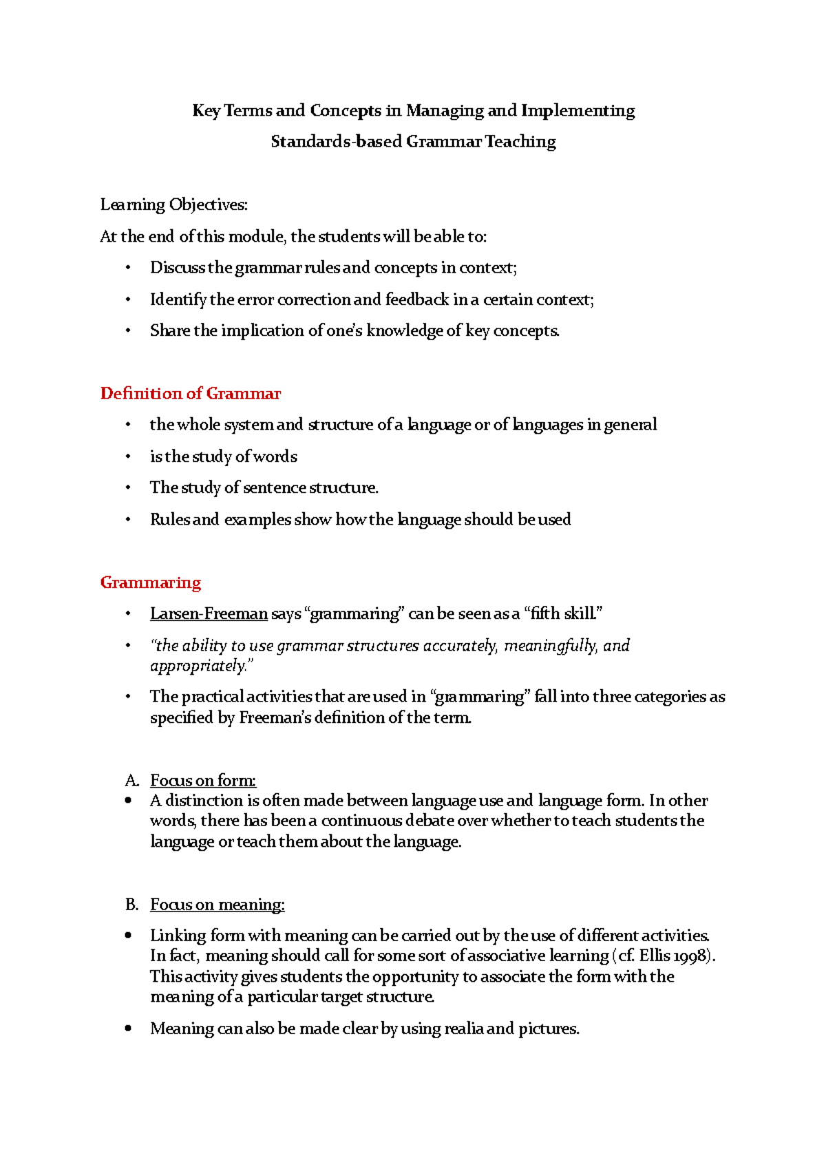 Teaching and Assessment of Grammar Key Terms and Concepts in Managing ...