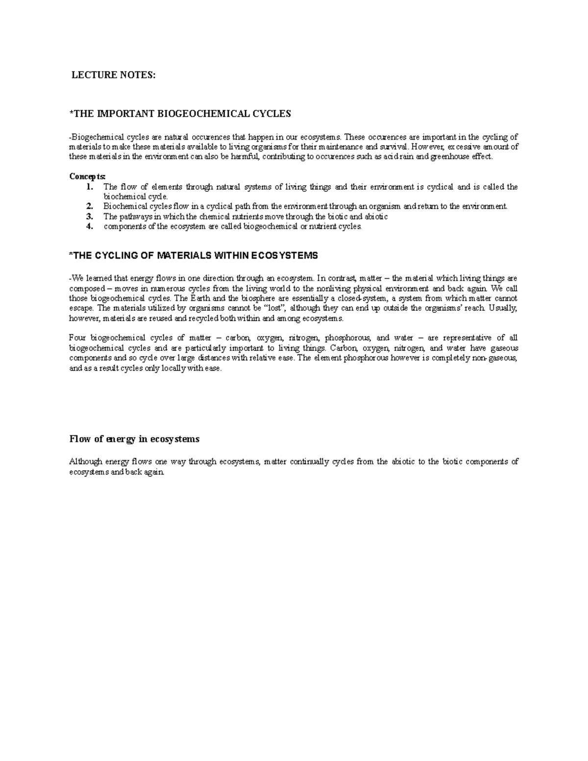 THE Important Biogeochemical Cycles - LECTURE NOTES: *THE IMPORTANT ...